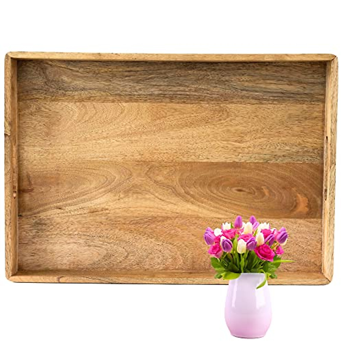 Otucha Large Ottoman Tray, 20 x 14 inches, Real Wood Large Serving Tray with Handles, Sturdy Design, Decorative Tray for Coffee Table (Natural)