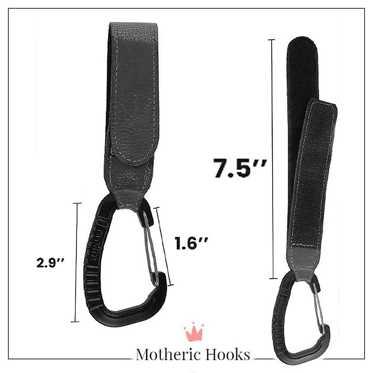 Genuine Leather Stroller Hook by Motheric - baby stroller leather hooks, stroller hooks for diaper bags, Leather Stroller Clips - 2Pcs - stroller bag hook - Black