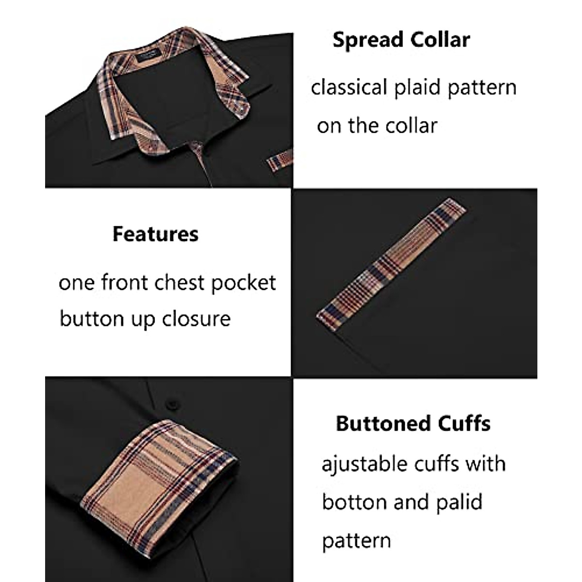 COOFANDY Men's Long Sleeve Button Down Shirts Casual Plaid Collar Dress Shirt Black X-Large