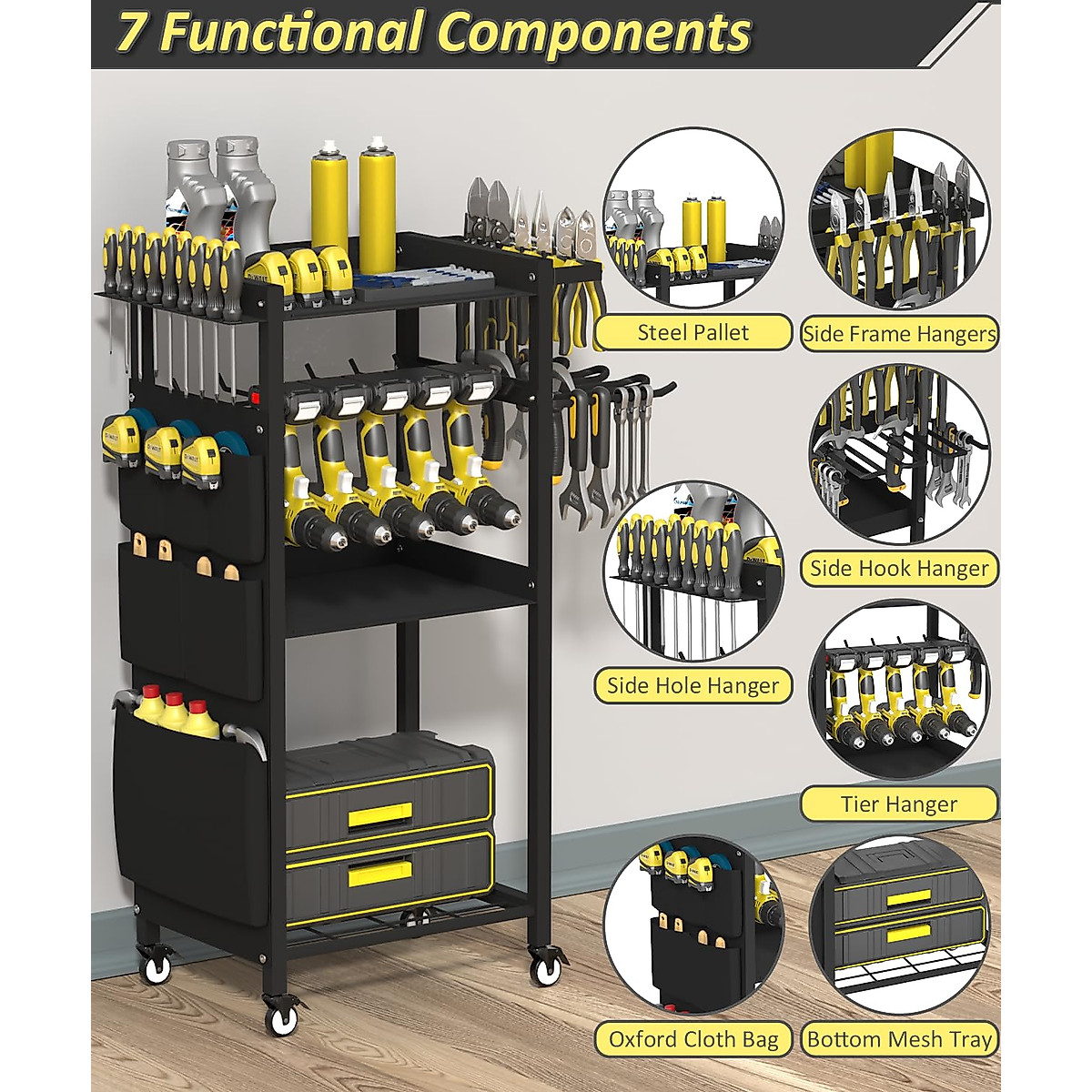 Artibear 4-Tier Rolling Power Tool Organizer Storage Cart, Garage Organization on Wheels Tool Cart with Drill Set Rack Shelf, Mechanic Utility Cart for Workbench & Outdoors Working, Gift for Men Dad