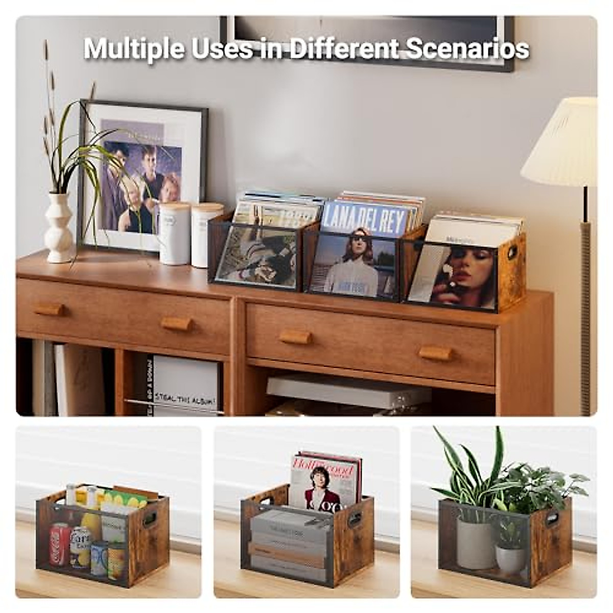 Dunatou Album Storage Box - Rustic Brown Wooden Record Crate Organizer with Handle