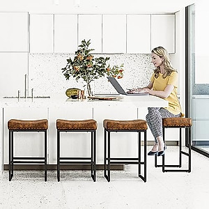 LUE BONA Counter Height Bar Stools 24" Square Saddle Barstools Set of 4, Modern Backless Faux Leather Counter Stool with Black Metal Legs for Kitchen Island Counter, Home Bar, Bistro, Yellowish Brown