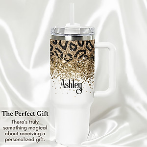 Personalized 40 oz Tumbler With Handle And Straw Lid Cheetah Print Glitter - Leopard Print Stainless Steel Insulated Travel Mug – Tumbler Gift For Women Mom Friend Teacher Nurse Her Birthday Christmas