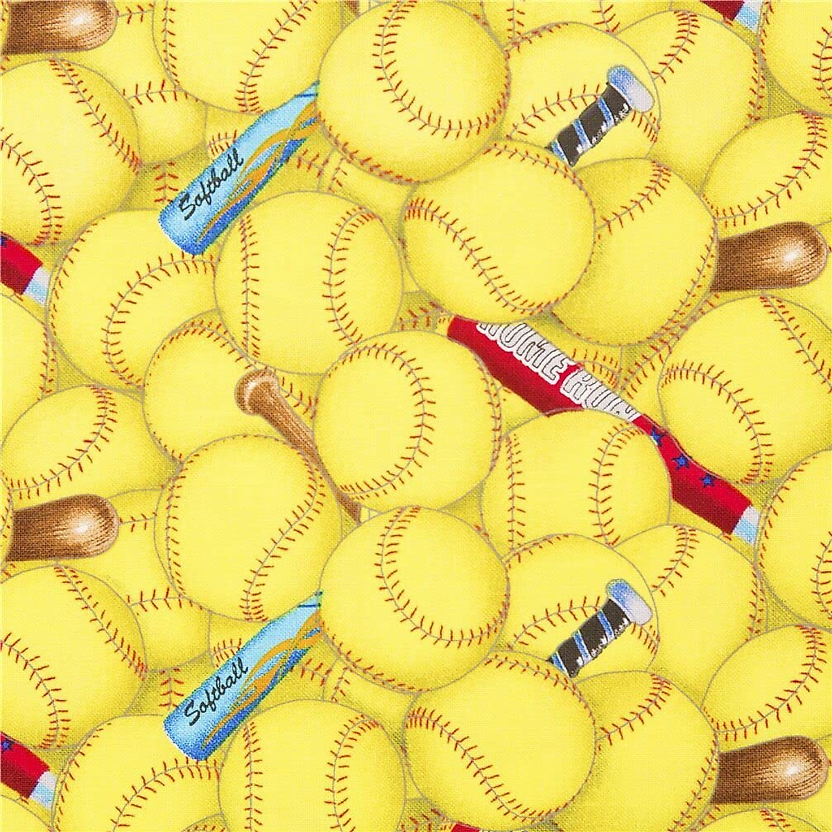 Softball yellow cotton fabric from the USA by Elizabeth's Studio, with balls and bats (per 0.5 yard)