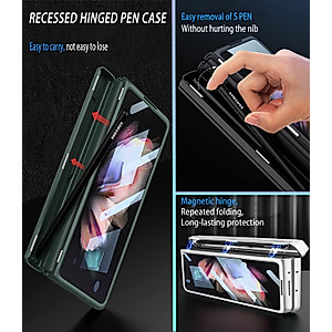 COCOING for Samsung Galaxy Z Fold 3 Case with Pen Holder,Hinged Cover Built-in with Pen Slot,with Screen Protector&Adjustable Bracket,Leather Cover Case for Galaxy Z Fold 3 (Silver)