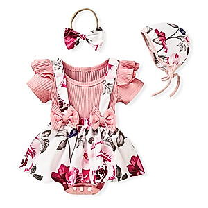 Unutiylo Preemie Newborn Baby Girl Clothes Infant Ribbed Cotton Romper Bodysuit Floral Bowknot Suspender Dress + Sun Hat + Headband Premie Spring Summer Outfits Ruffle Short Sleeve Short Set Pink