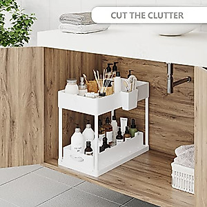 Under Sink Organizers and Storage, Bathroom Cabinet Organizer, Sink Shelf with Utility Hooks and Side Caddy for Under Cabinet Storage | Under Kitchen Sink Organizer with Sliding Drawer, White (1-Pack)