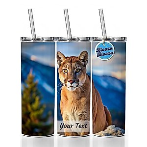 Personalized Custom Name Text Mountain Lion Cougar Skinny Tumbler 20oz with Straw Insulated Water Bottle Gift - 1 Line Horizontal