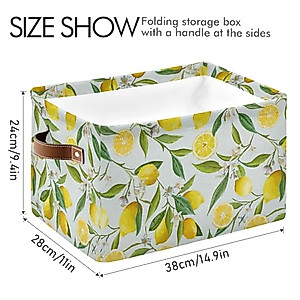 MNSRUU Storage Basket Lemon Floral Collapsible Organizer Basket with PU Handles, Waterproof Nursery Laundry Basket Kids' Toy Storage Basket,2 Pack