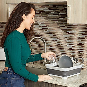 Home Basics Collapsible Dish Drying Rack; Foldable Camping Essentials (Grey/White) Pops Up 5" High/Folds Flat for Easy Storage in Kitchen Pantry, Under Sink, Great for Travel, RV, Camper