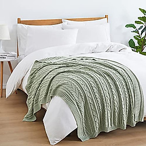 Aormenzy Sage Green Cable Knit Throw Blankets for Couch Bed Sofa, Acrylic Knitted Blanket, Soft Cozy Throw Blanket, 50" x 60"