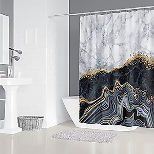 4Pcs Black Shower Curtain Set,Gold Marble Bathroom Sets with Shower Curtain and Rugs and Accessories,Bathroom Curtain with Non-Slip Rugs, Toilet Lid Cover and 12 Hooks,72x72inch