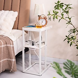 Yoobure C Shaped End Table with Charging Station, Small Side Tables for Living Room Bedroom, Sofa Table with USB Ports and Outlets for Small Spaces, Couch Table Rustic Snack Table Bed Side Table