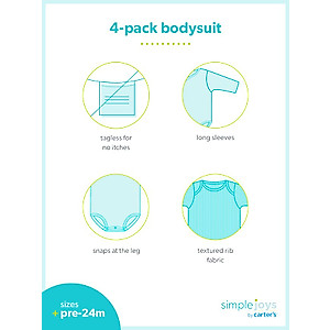 Simple Joys by Carter's Unisex Babies' Textured Bodysuits, Pack of 4, Jade Green Stripe/Light Grey/Olive/White Clouds, 12 Months