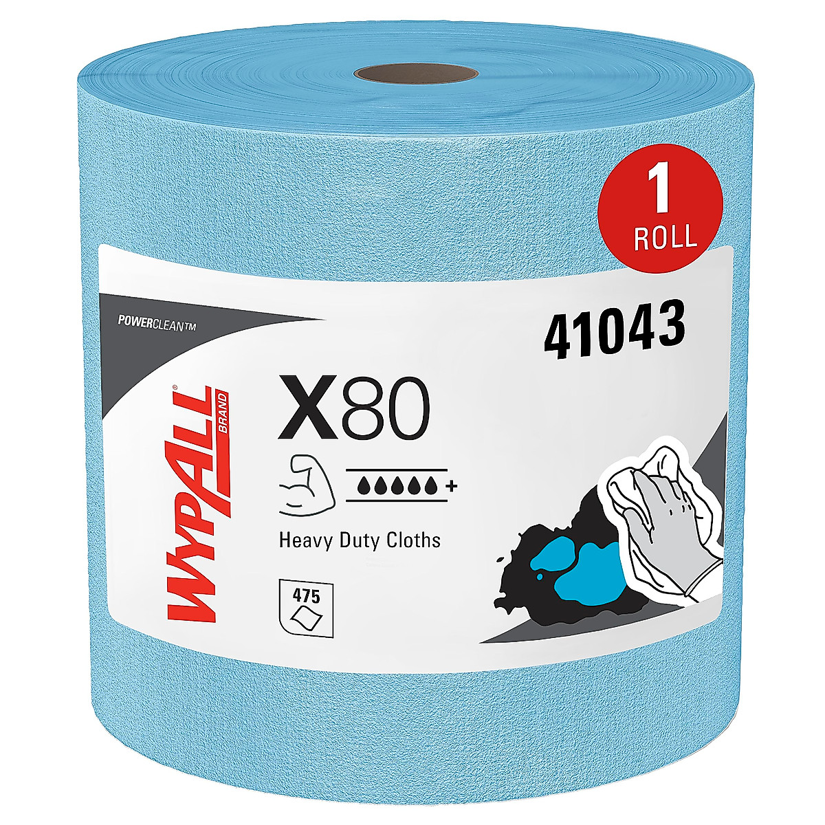 WypAll Power Clean X80 Heavy Duty Cloths (41043), Extended Use Cloths Jumbo Roll, Blue, 475 Sheets / Roll; 1 Roll / Case,8347