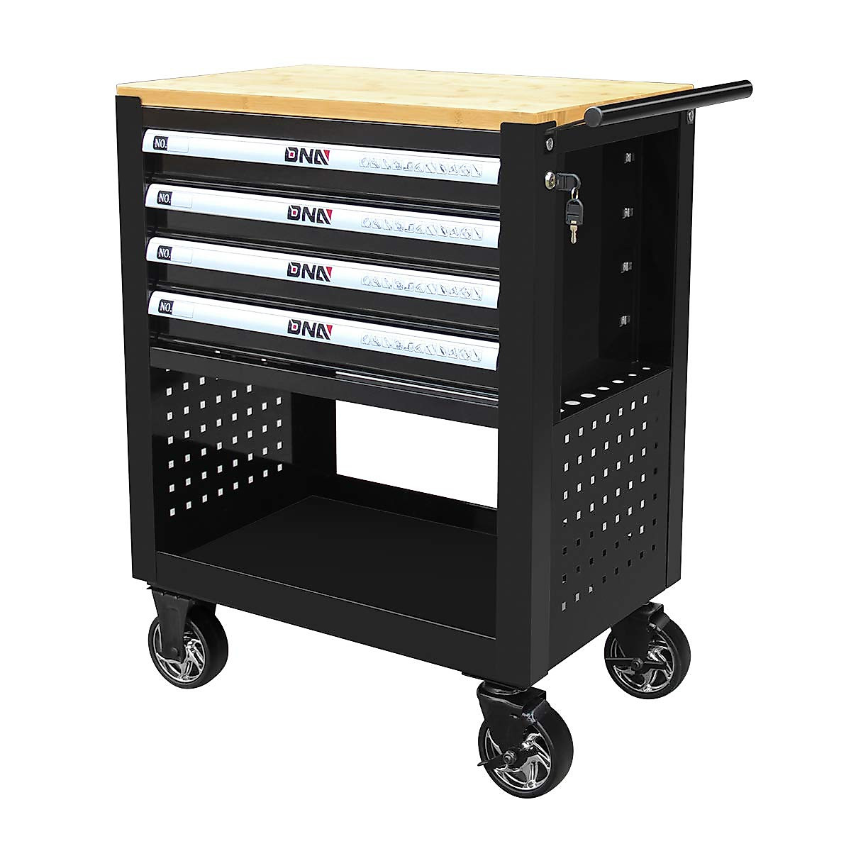 DNA MOTORING 30" W X 37" H X 18" D Large Capacity 4-Drawer Chest Rolling Tool Cart Locking Swivel Cabinet (TOOLS-00003) with Keys, Black