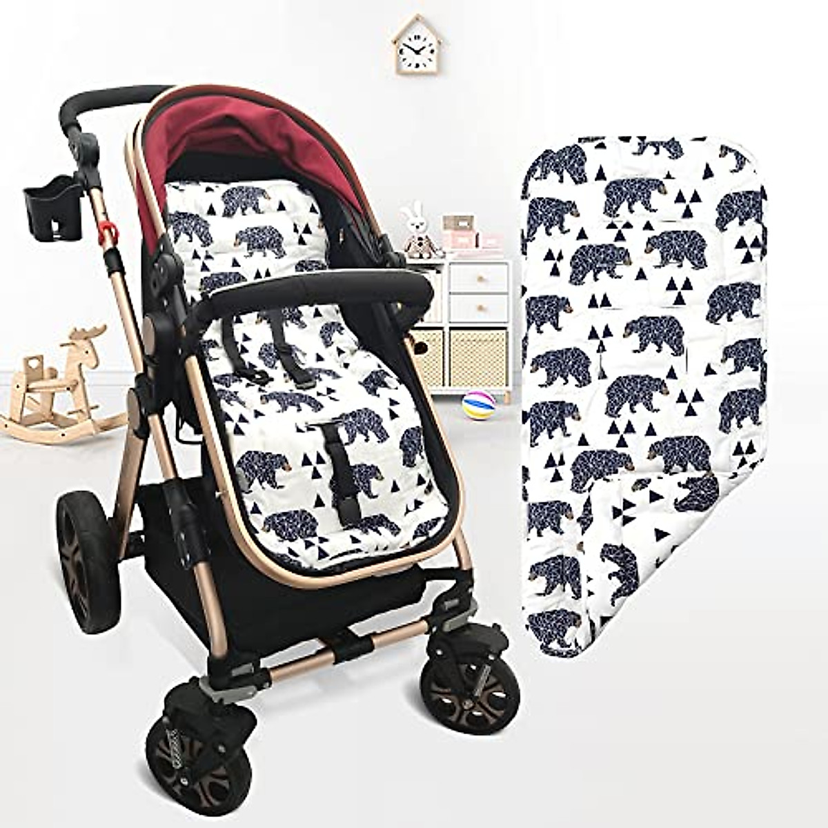 Baby Carriage Cushion, Universal Breathable Stroller Mat, Stroller Cushion for Strollers 100% Cotton, 34x78cm 1 Pack (Black Bear)