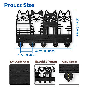 MAYJOYDIY Cat Coat Hooks Wall Mount Cat Wearing Glasses Wood Key Holder for Wall 11.8×7.9inch Black Pet Wall Art Decor Key Hooks 5 Alloy Hooks for Gift Entryway Living Room Kitchen Office