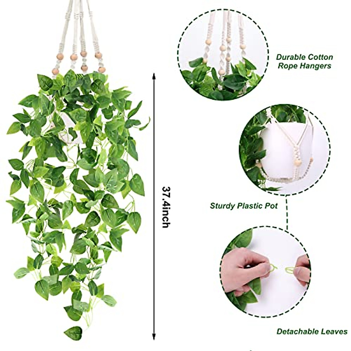 CEWOR Fake Hanging Plant with Pot, Artificial Hanging Plant Vine for Home Decor Indoor, Macrame Plant Hanger with Fake Vines Faux Hanging Planter Greenery for Bedroom Bathroom Kitchen Office Decor