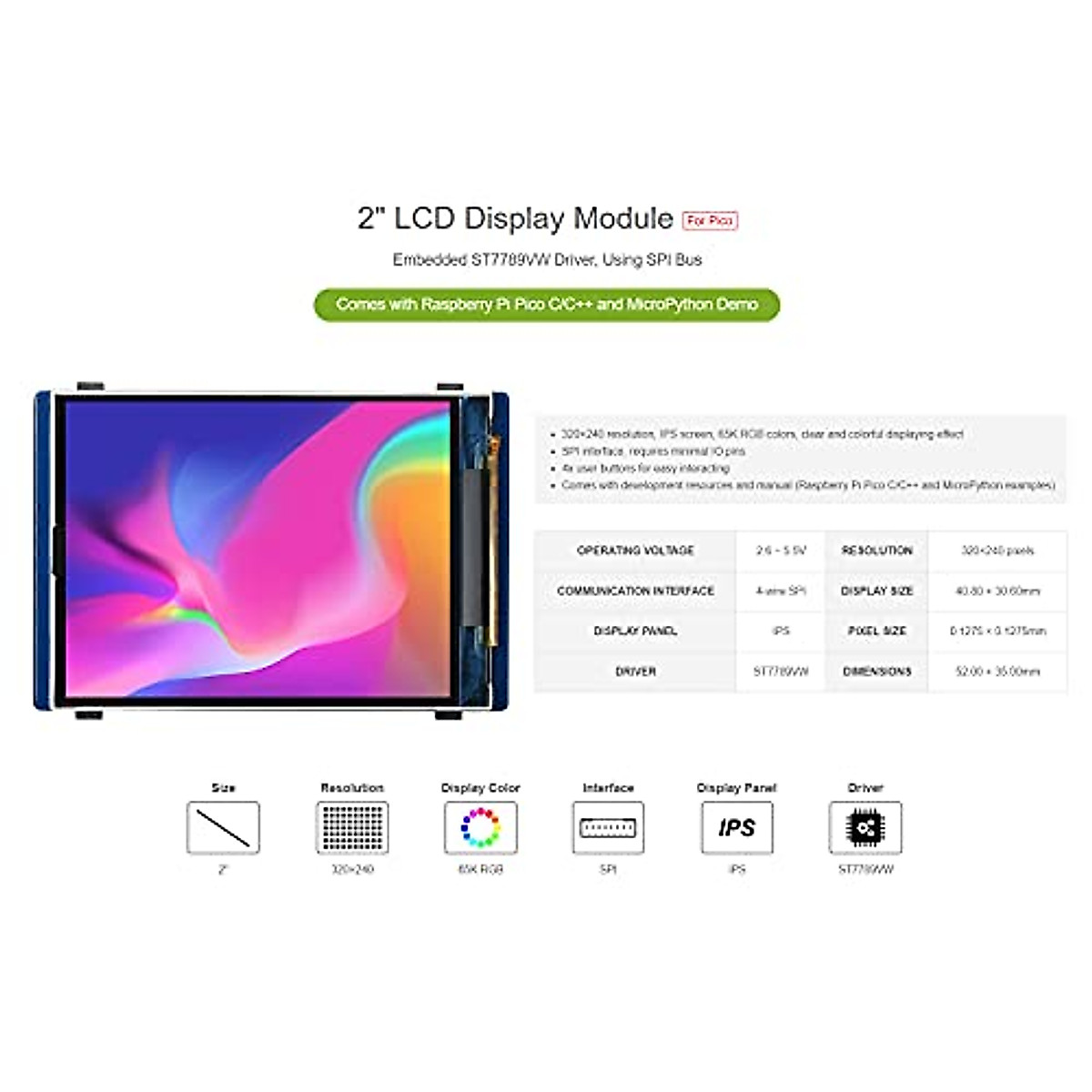 waveshare 2inch LCD IPS Display Module Compatible with Raspberry Pi Pico