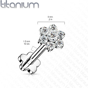 Covet Jewelry Titanium Threadless Push in Flower Base Labret With CZ Flower Top (Pink)