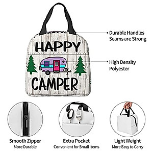 ZOBOTA Reusable Happy Camper Printed Handheld Lunch Bag, Insulated Lunch Box For Men And Women, For Work, Picnics Or Travel
