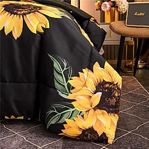 NTBED Black Sunflowers Comforter Set Queen Yellow Floral Botanical 3-Pieces Microfiber Bedding Quilt for Girls Teens (Black, Queen)