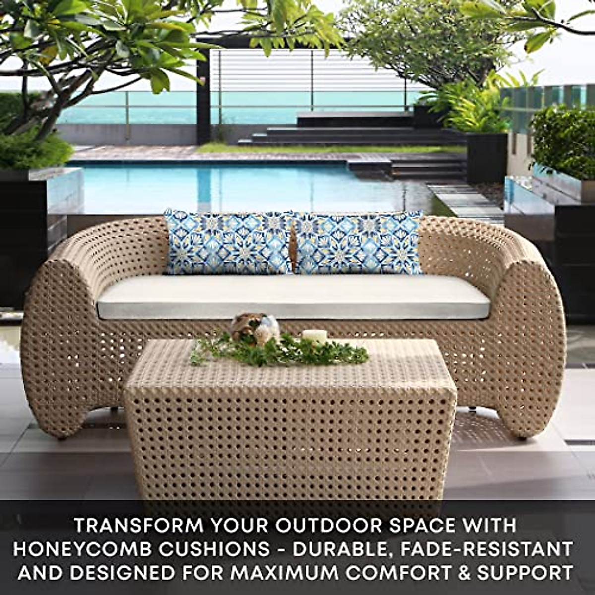 Honeycomb Outdoor Cushion 42" W x 18.5" D x 2.5" T, Textured Solid Bone Loveseat Bench Cushion