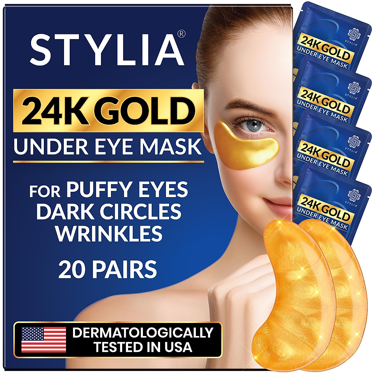 Stylia Under Eye Patches for Puffy Eyes and Dark Circles (20 Pairs), 24k Gold Eye Mask, Face Eye Mask Skincare, Eye Care for Wrinkles and Puffiness, Collagen Under Eye Masks, Moisturizing Eye Gel Pads