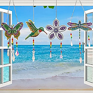 Diamond Painting Suncatchers, 4 pcs Sun catchers Diamond Painting Kits for Kids DIY Crafts for Adults Hummingbird Butterfly Dragonfly Prism Crystal Suncatchers Wind Chime Windows Garden Decorations