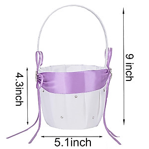 ARKSU 5pcs Wedding Sets Flower Girl Basket + Ring Bearer Pillow + Guest Book with Pen + Pen Set Holder + Bride Garter, Double Heart Rhinestone Decor for Rustic Bridal Shower-Lavender