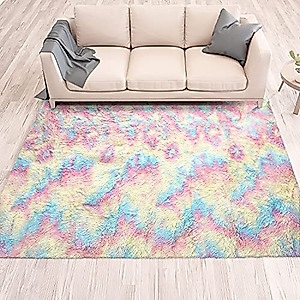 VUDECO 5x8 Large Fluffy Rainbow Rug Colorful Rug for Kids Rug Playroom Bedroom Rugs for Girls Bedroom Area Rug Living Room Rug Rainbow Carpet for Kids Girls Room Fuzzy Rug Large Fur Pink Rug Bedroom