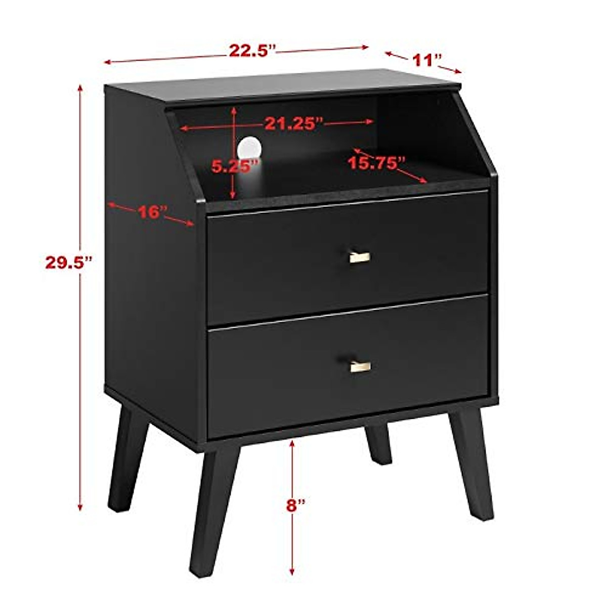 Prepac Milo Mid Century Modern Night Stand with Angled Top, 2-Drawer, Black