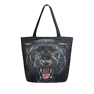 ALAZA Roaring Panther Animal Print Black Large Canvas Tote Bag Shopping Shoulder Handbag with Small Zippered Pocket