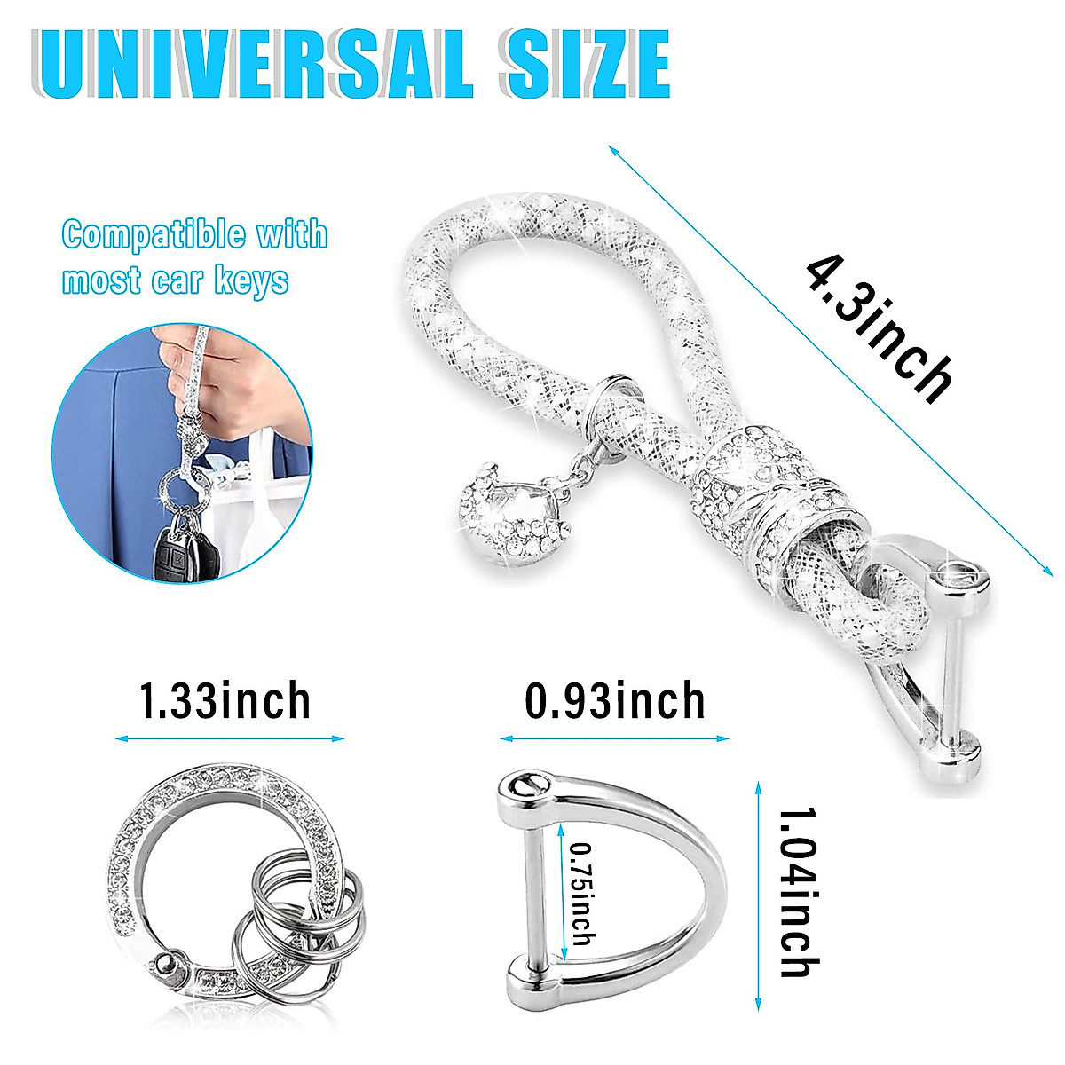 Ziciner Bling Crystal Car KeyChains for Women & Girls, Car Key Chain Glitter Key Ring, Universal Bling Key Chain Accessories (White)