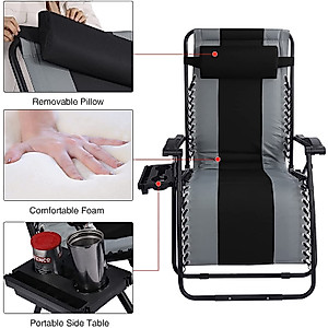 Piamomso Oversize Zero Gravity Chair with Cup Holder,Folding Recliner Lawn Zero Gravity Lounge Chair with Headrest, Grey & Black