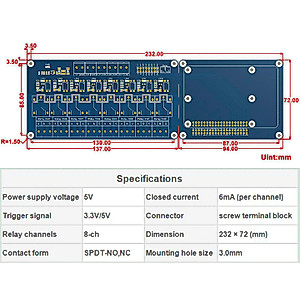 8 Channel Relay Module Board for Raspberry Pi 4B/3B+/3B/2B/A+/B+/Zero,Jetson Nano 8-CH Relays Loads up to 5A 250V AC or 5A 30V DC