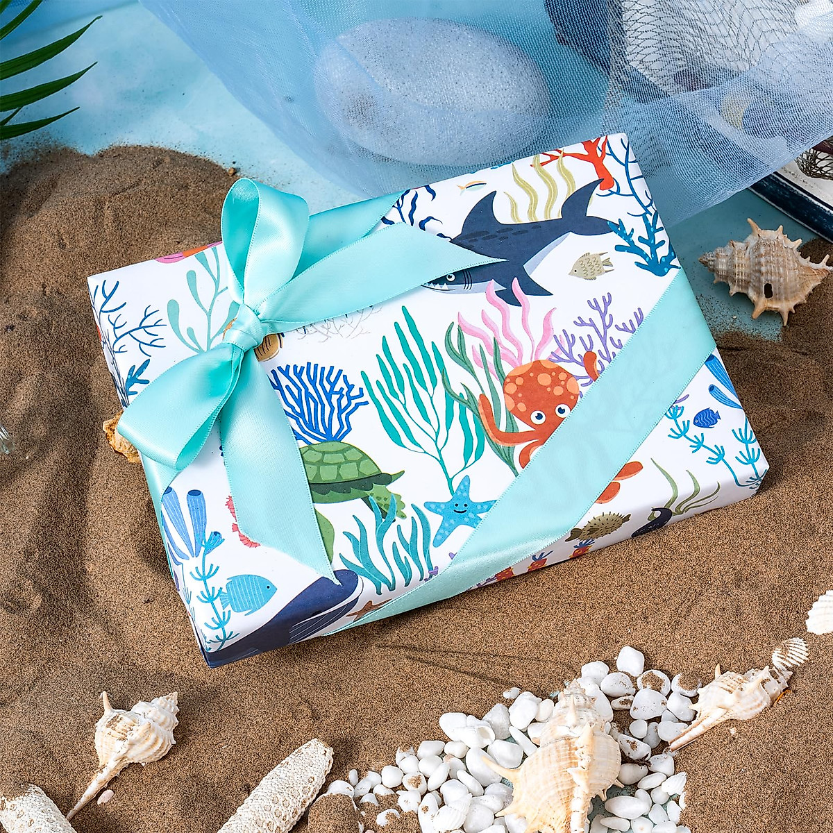LeZakaa Ocean Wrapping Paper Roll - Cartoon Design of Ocean, Whale, Turtle, Sea Creature for Birthday, Baby Shower, Holiday Party for Boys Girls Kids - 17 inches x 32.8 Feet (46.45 sq.ft.)