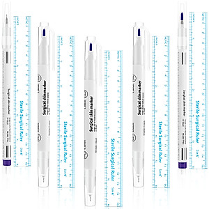 Zonon 5 Pieces Tattoo Tip Markers Skin Marker Pen Tattoo Pen in 0.5 mm and 1 mm with Paper Ruler for Skin, Eyebrow, Lips (2 Single Head, 3 Double Heads)