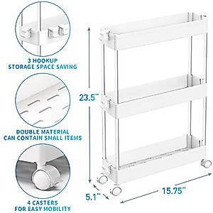 SPACEKEEPER Slim Storage Cart, 3 Tier Bathroom Storage Organizer Rolling Utility Cart Mobile Shelving Unit Slide Out Storage Tower Rack for Kitchen Laundry Narrow Places, White, 2 Pack