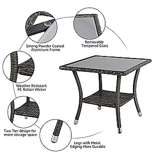 Verano Garden Outdoor Side Table, 20" Square Wicker End Table, Tempered Glass Top Coffee Table with Storage, Aluminum Frame-Gray