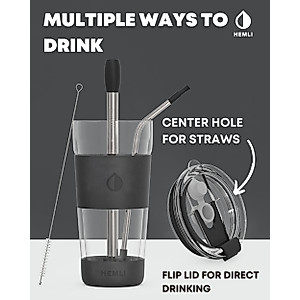 Hemli 19 oz. Clear Double Wall Glass Coffee Tumbler, To Go Glass Travel Mug with Lid, Portable Glass Thermos with Straw, Reusable Cup for Coffee, Tea, Smoothies, Ice Coffee, and Boba (Black)