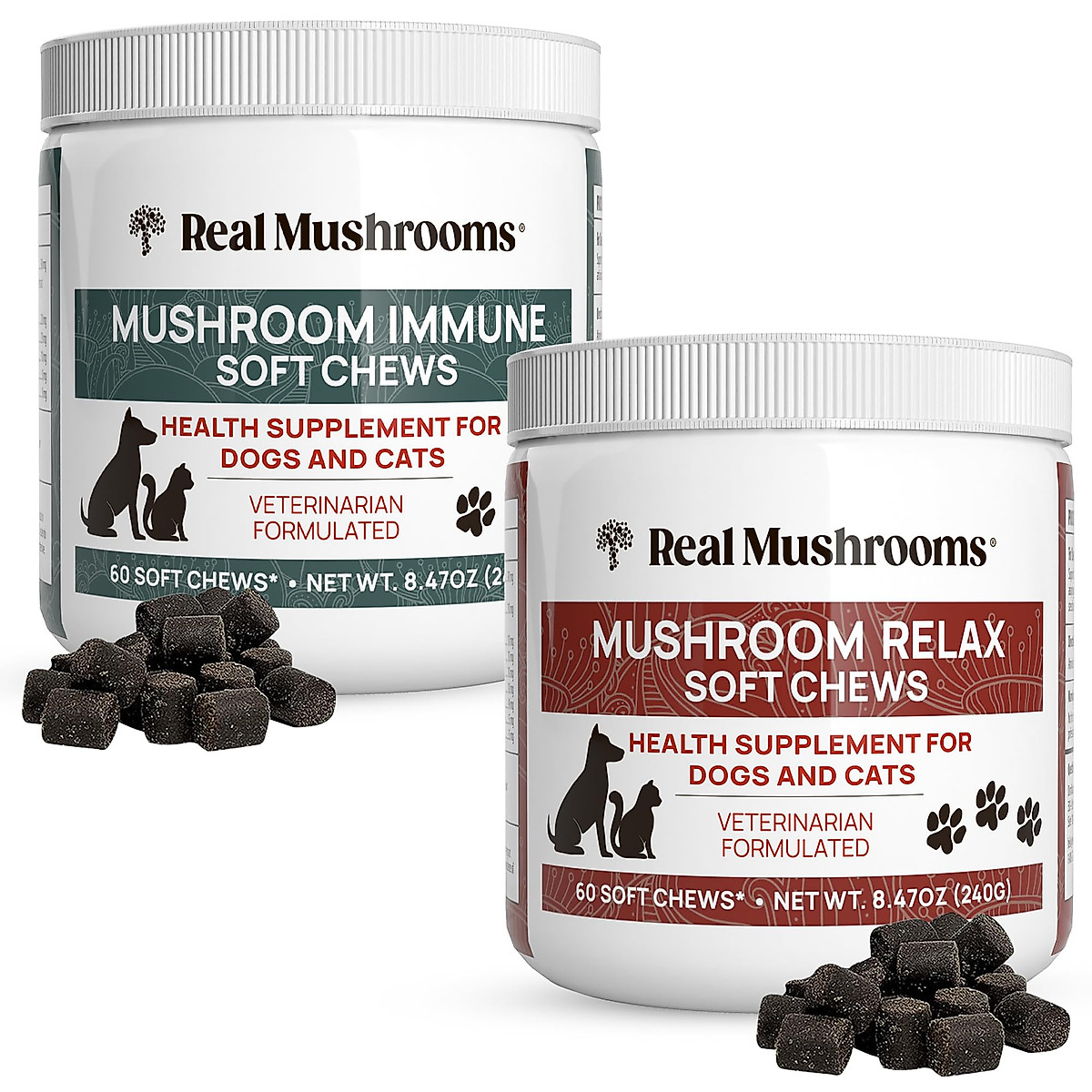 Real Mushrooms Immune Pet Chews (60ct) & Relax Pet Chews (60ct) - Bundle for Immunity, Relaxation & Longevity - Reishi, Lion’s Mane, Ashwagandha, Astragalus & More - Vegan, Non-GMO, Gluten-Free