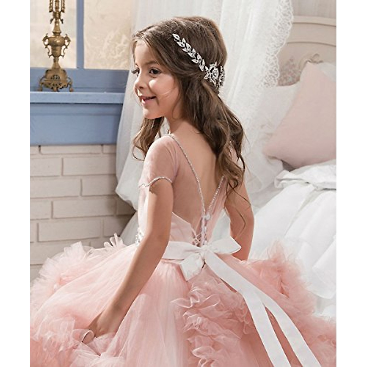 Stunning V-Back Luxury Pageant Tulle Ball Gowns for Girls 2-12 Year Old Pink,Size 10