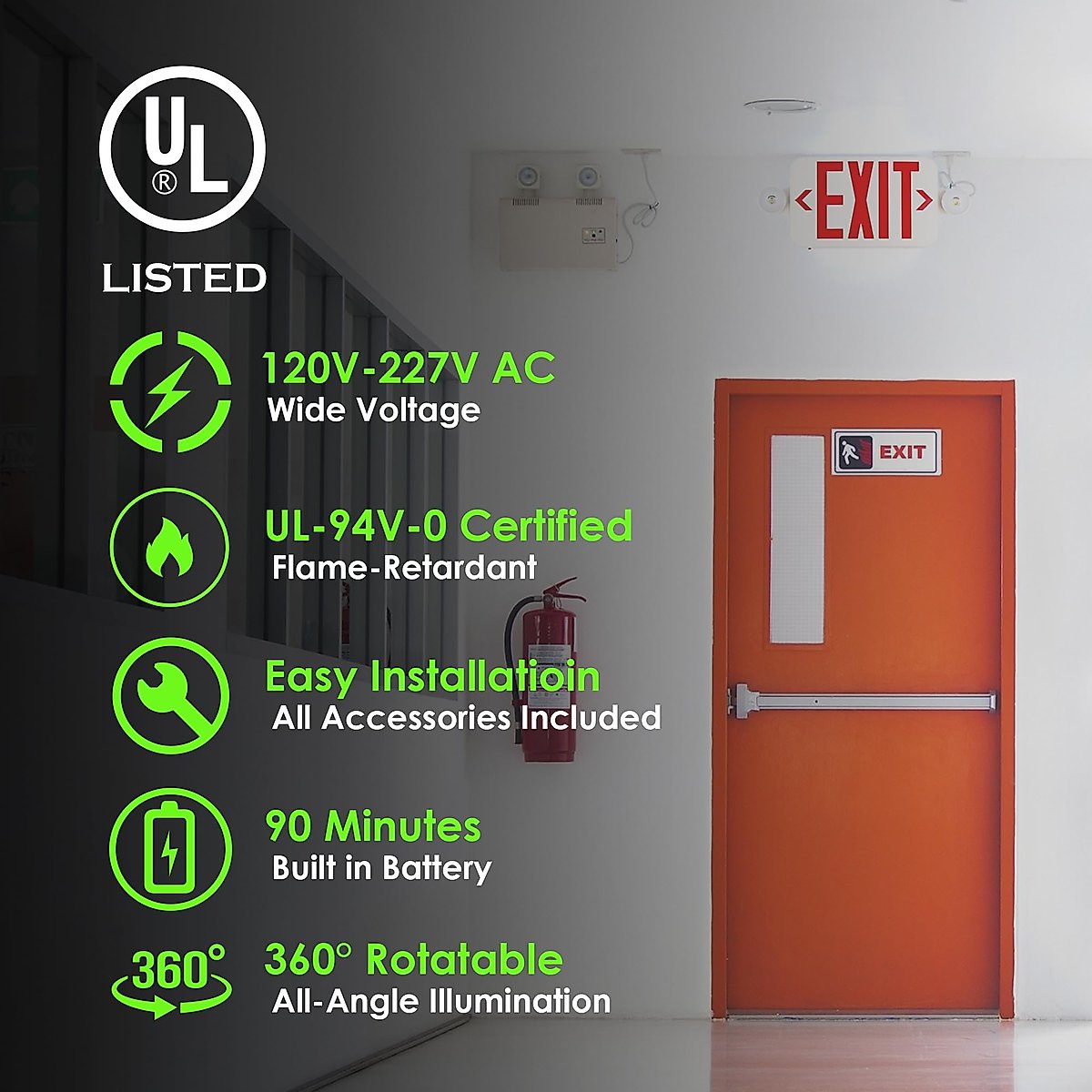 GRUENLICH LED Exit Sign Combo with Emergency Lights, Adjustable Heads and Double Sided, Battery Backup, UL 924 Qualified, AC 120-277V, Commercial Emergency Exit Light for Business- 1 Pack