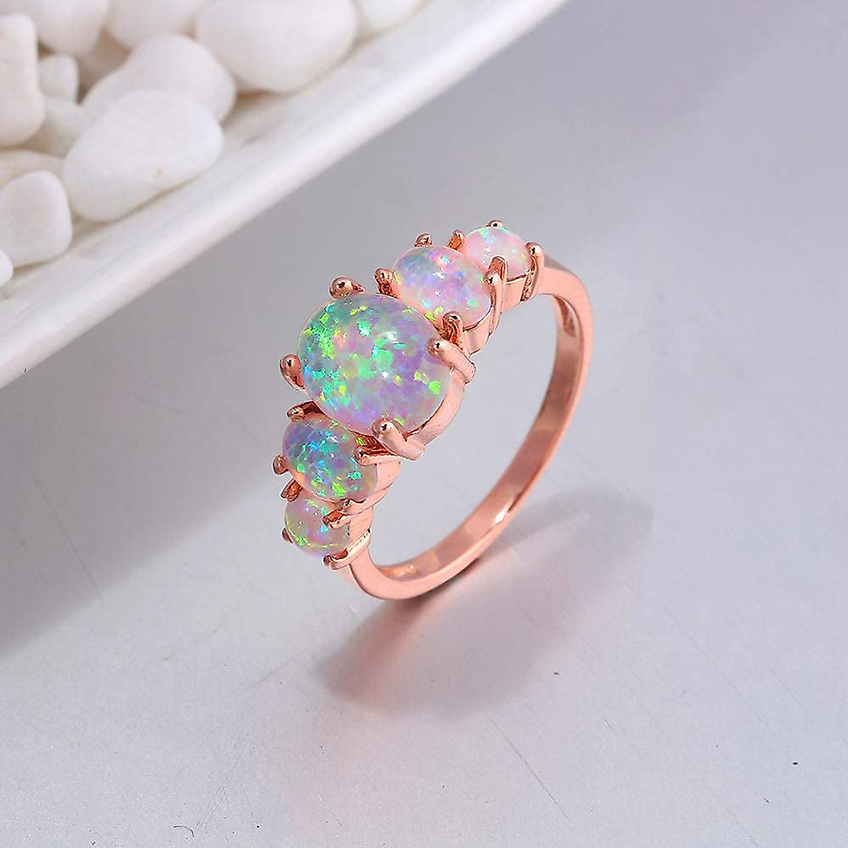 CiNily 14K Rose Gold Plated Pink Fire Opal Ring for Women October Birthstone Engagement Wedding Ring Size 7