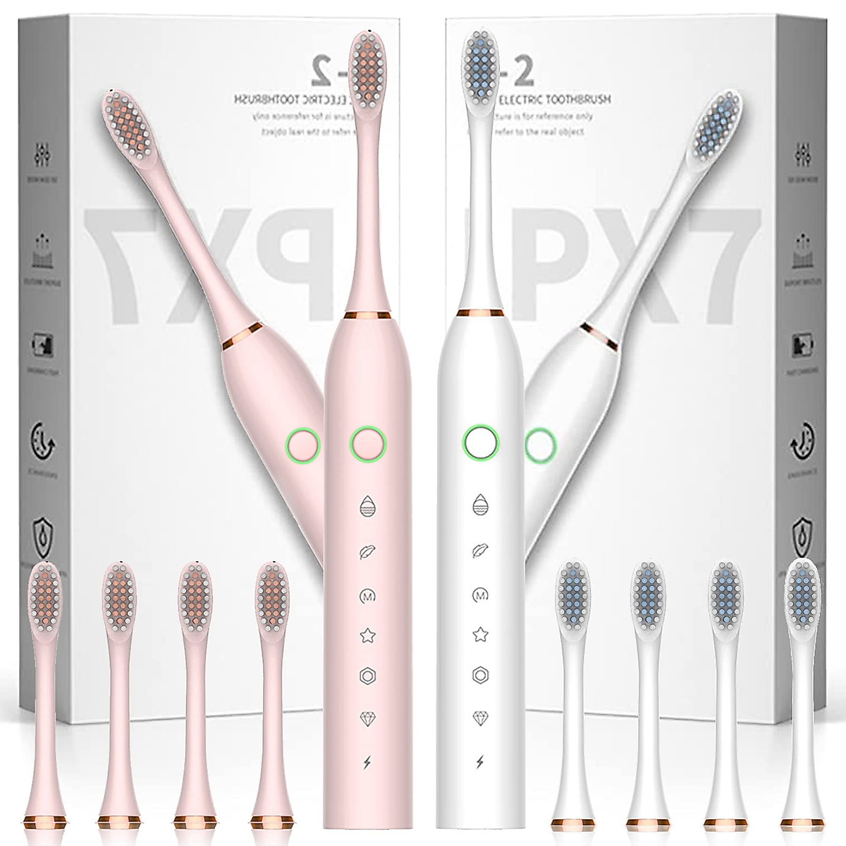 Lukern 2 Pack Sonic Electric Toothbrush, 6 Modes 42000vpm, Toothbrush with 2 Minute Built-in Timer and 8 Brush Heads,White+Pink