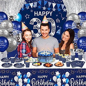 30th Birthday Decorations for Men and Women, 131 PCS Navy Blue Silver 30th Birthday Party Supplies Includes Blue Happy 30th Birthday Banner Balloons Napkins Cups Tablecloth Plates Foil Backdrops for
