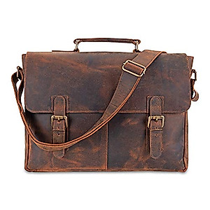 moonster Leather Messenger Bag for Men, Rustic Messenger Bag for Women – Handmade Full Grain Distressed Buffalo Leather – 16 Inch Laptop Bag with Padded Compartment, Pockets & Adjustable Strap