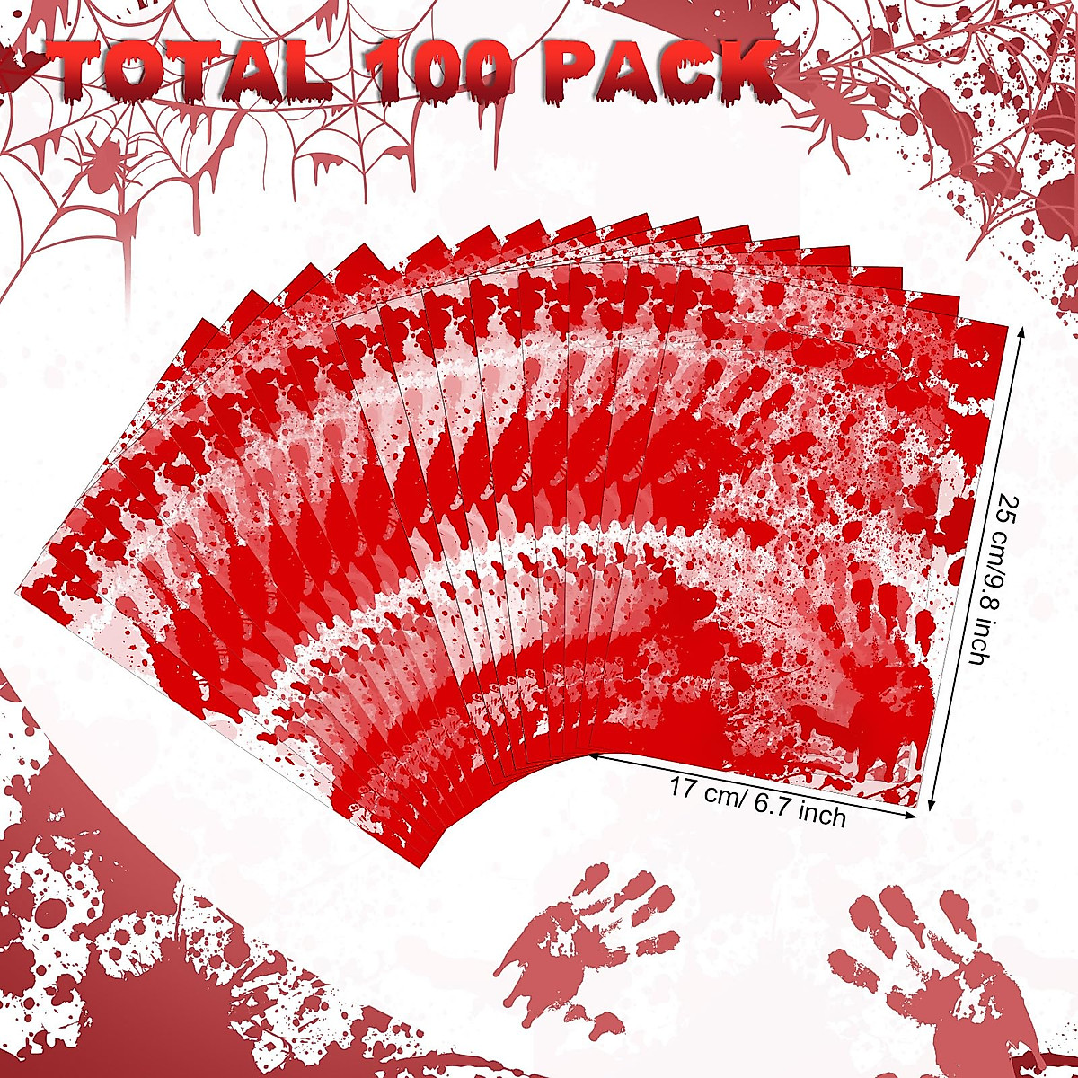 Pajean 100 Pcs Halloween Goody Bags,Scary Halloween Candy Bags Bloody Cellophane Bag Halloween Treat Bags Handprint Gift Bags for Horror Zombie Splatter Trick or Treat Party Favors,9.8x6.7 Inch